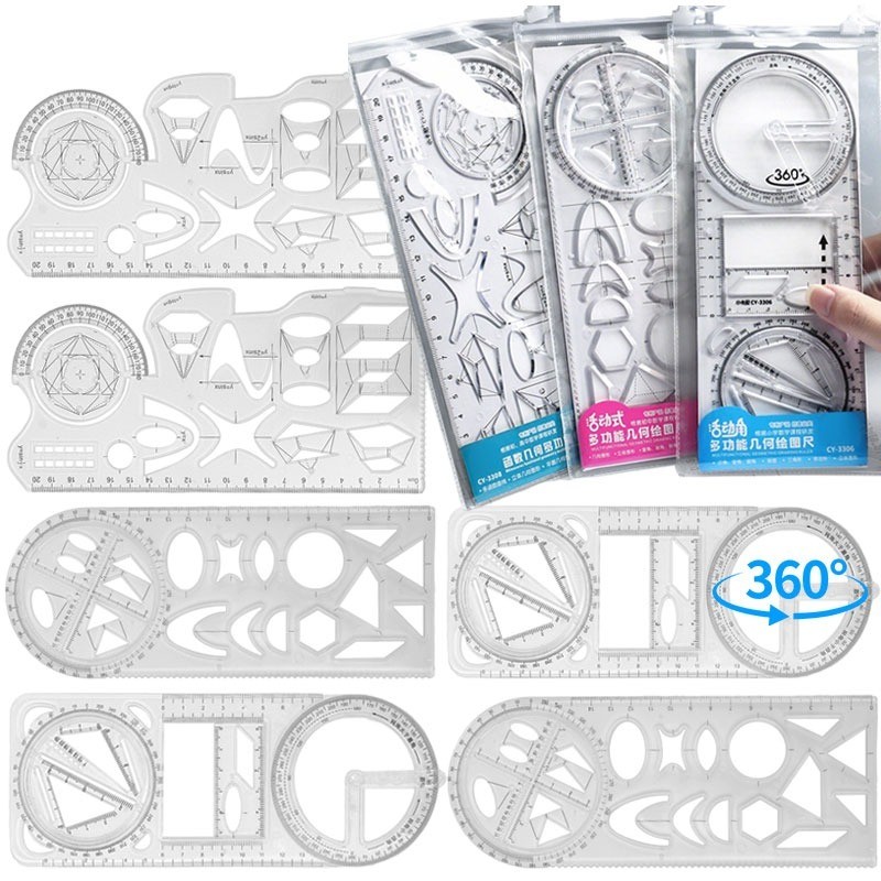 1/3Pcs Multi-functional Geometric Rotating Rulers / Transparent Drawing ...