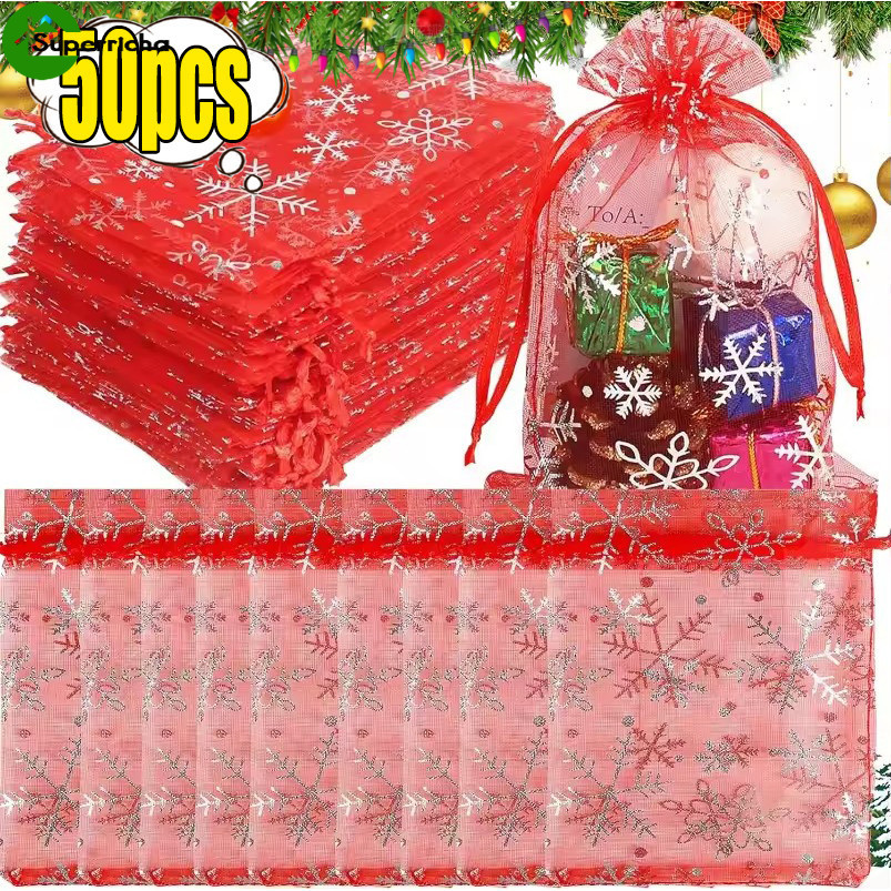 10/30/50Pcs Christmas Gold Transparent Organza Mesh Gift Bag - Party ...