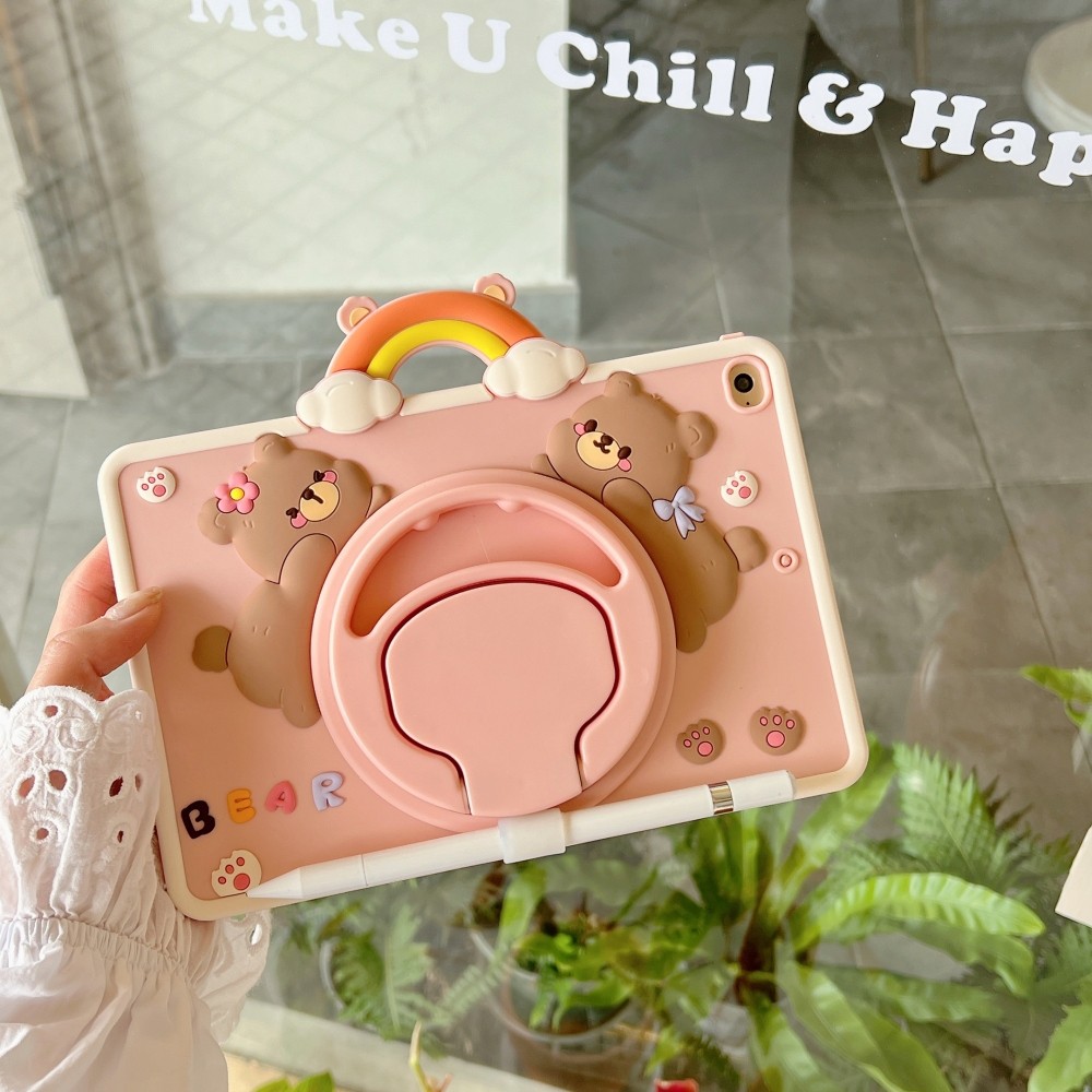 3D Rotating Hand-Held Rainbow Bear Silicone With Lanyard Bracket Kids ...