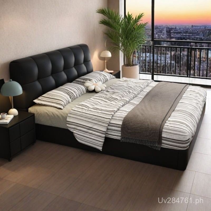 Modern Small Apartment Italian Style Leather Bed with Storage, Black ...