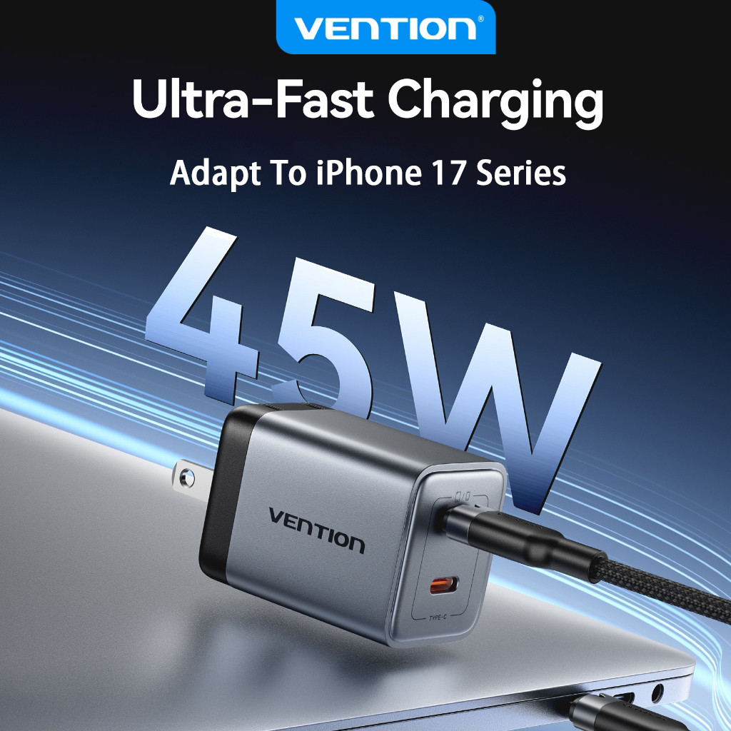 Vention 45W GaN USB-C Fast Charger Dual-Port PD3.0 & PPS Smart Fast ...