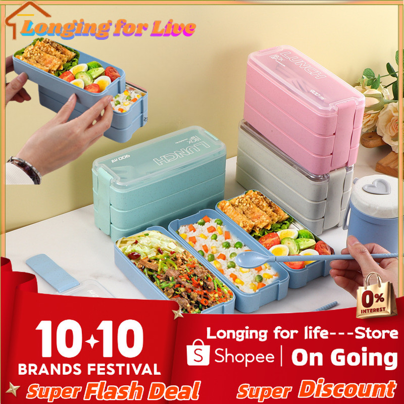 3 Layers Lunch Box with Tableware Microwaveable Stackable Bento Box Set ...