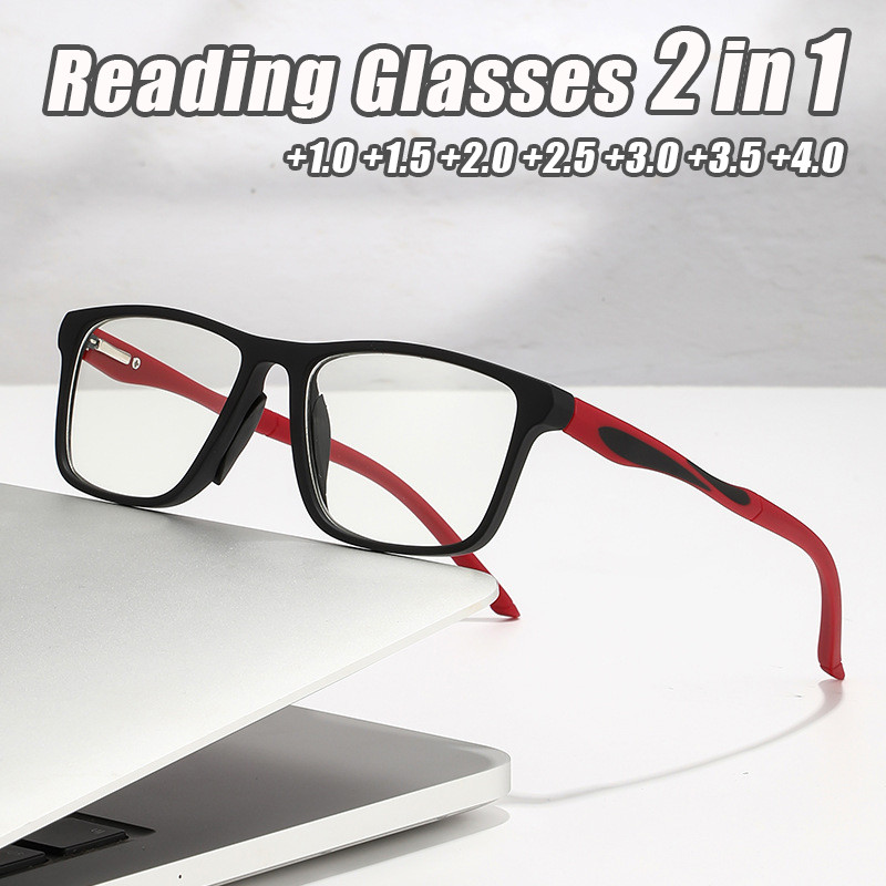 (0~+400) Reading Glasses for Men Woman Classic Square Sports 2 in 1 ...