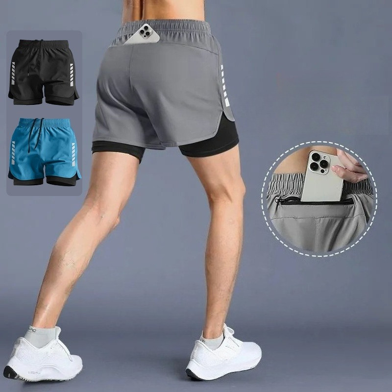 Unisex Double Layer Running Shorts Quick Dry 3/4 Length Lined ...