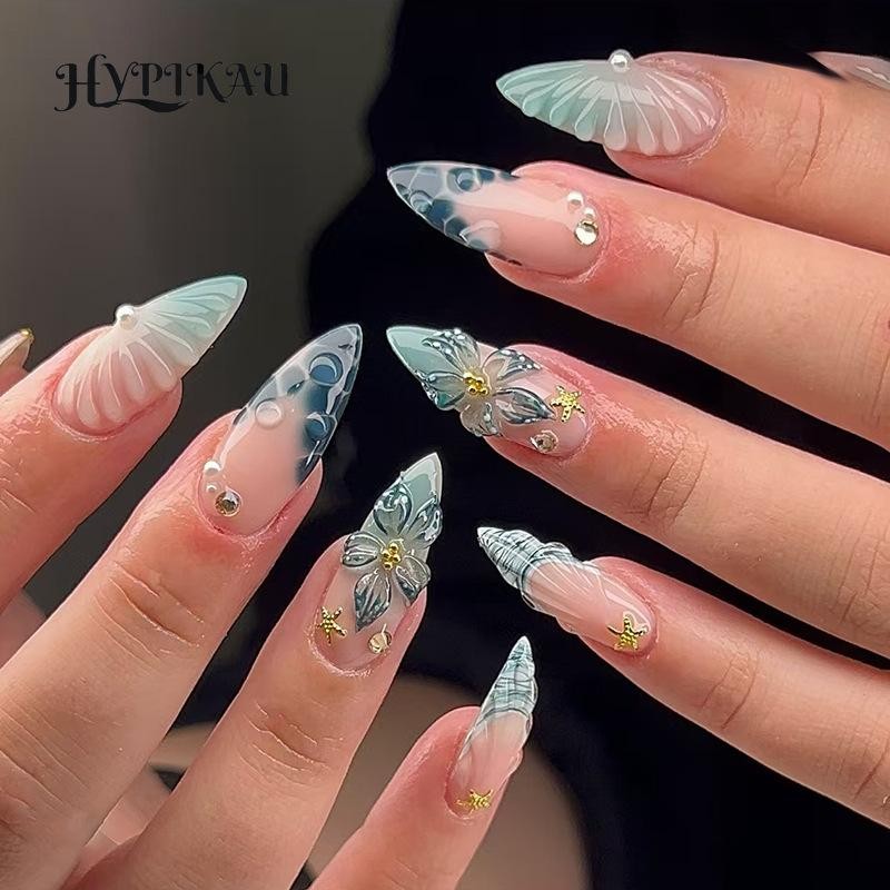 9014 HYPIKAU Mermaid Fake Nails 24Pcs Press on Nails Fake Nails ...