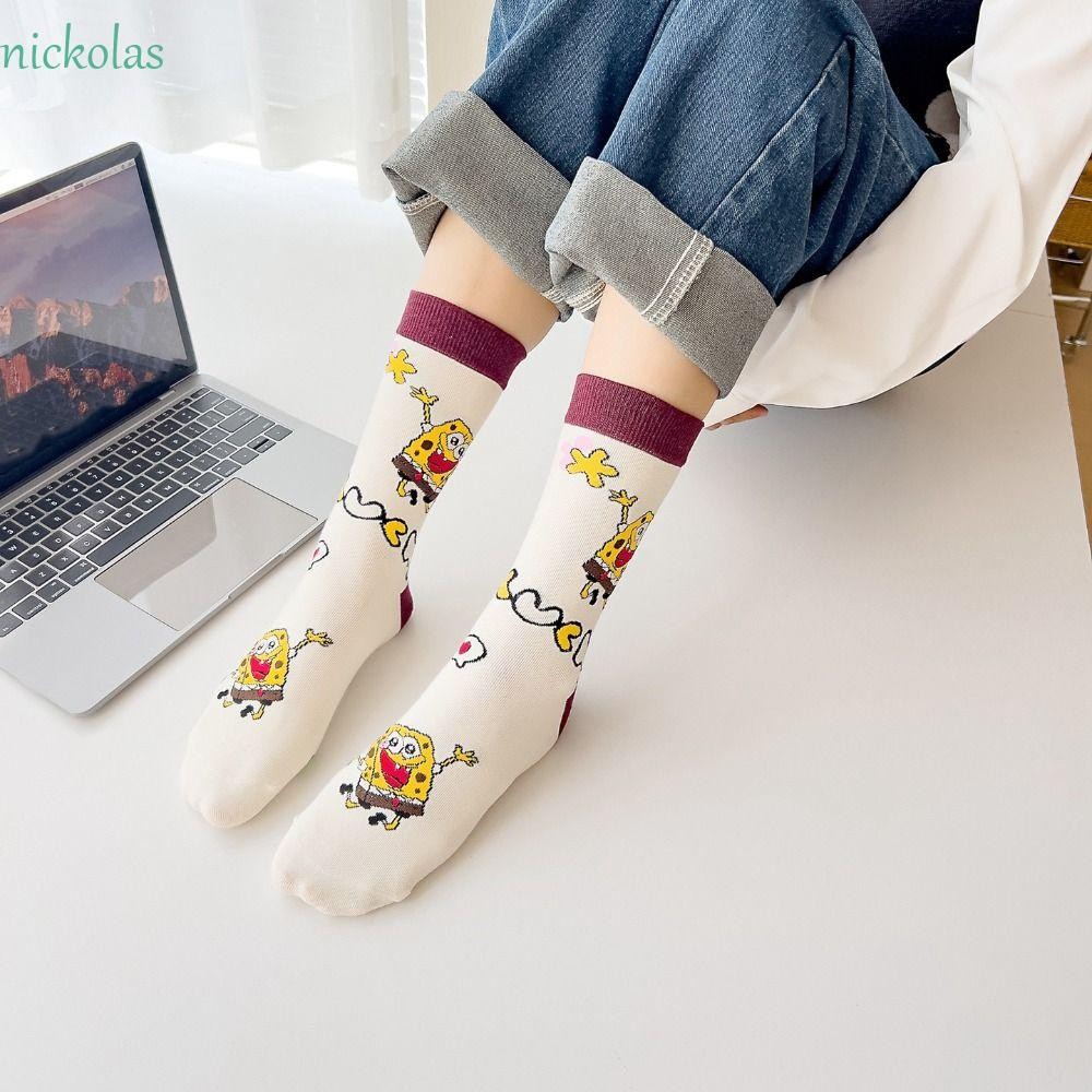 NICKOLAS 4 pairs Spongebob Cotton Socks, Cartoon Anime Lattice Mid Tube ...