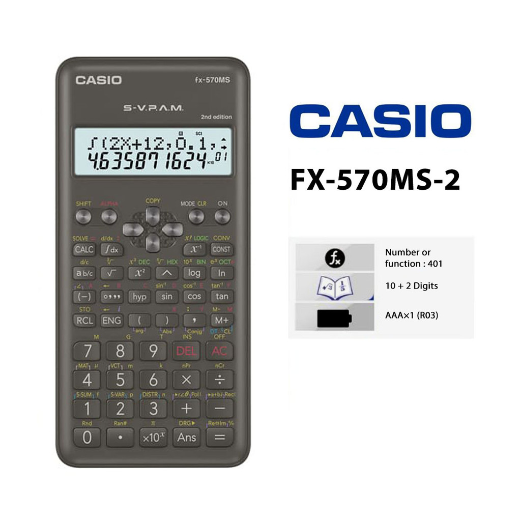 Casio FX-570MS 2nd Edition Calculators Heavy Duty Battery Portable ...