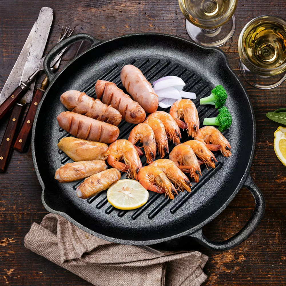 32cm Cast Iron Grill Pan Double Handle Ribbed Round Grill Pan Skillet ...