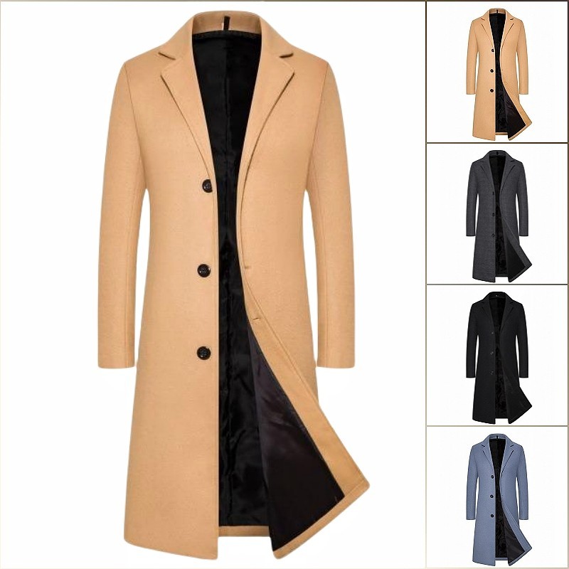 Men's Long Overcoat Knee Length Lapel Collar Solid Casual Business ...