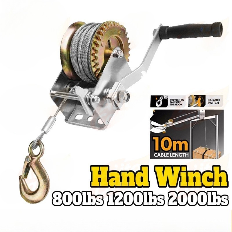 Portable Hand Winch 800–2000LBS with Cable & Hook Manual Mechanical ...