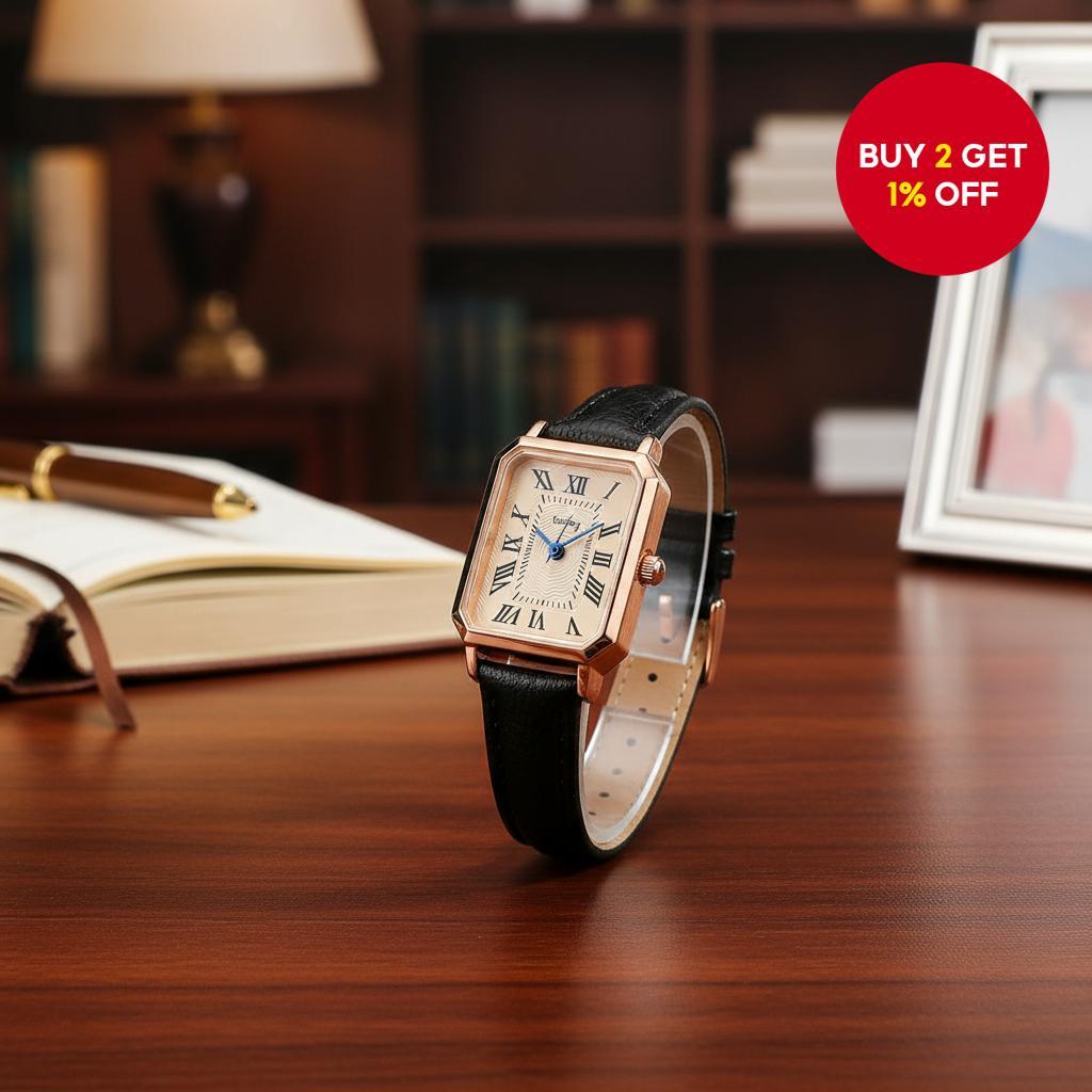 A retro-inspired women's watch featuring Roman numerals, blue hands ...