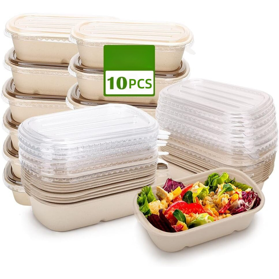 10PCS Meal Prep Containers 10PCS | Oval Bagasse Box w/ PP Lid | Freezer ...