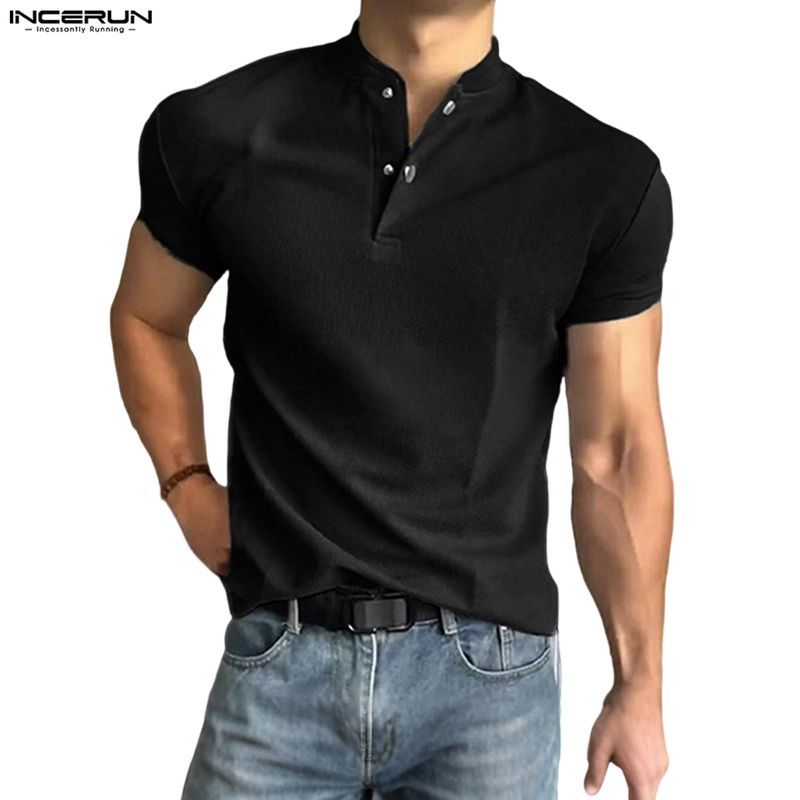 INCERUN Men Korean Minimalist Stand Neck Short Sleeve Waffle Texture ...