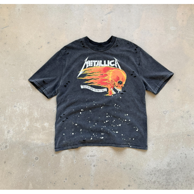 New Flame Skull Printed Pattern Washed Retro Hand Painted Scratched T ...