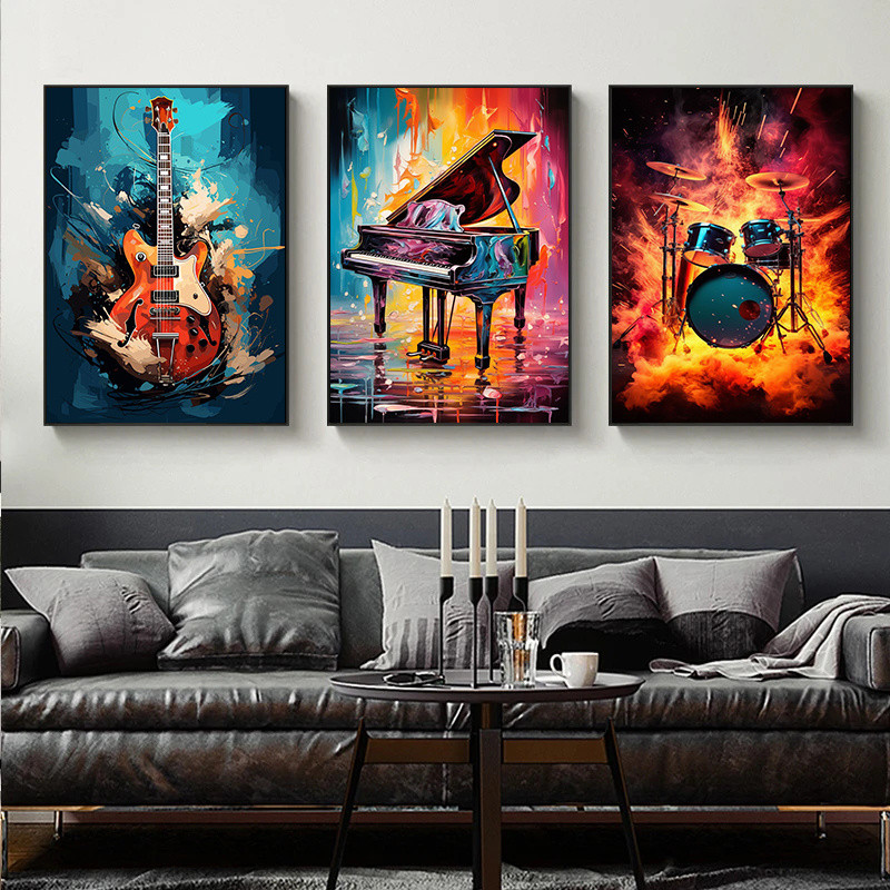 Abstract Colorful Art Musical Instruments Drum Kit Guitar Posters ...
