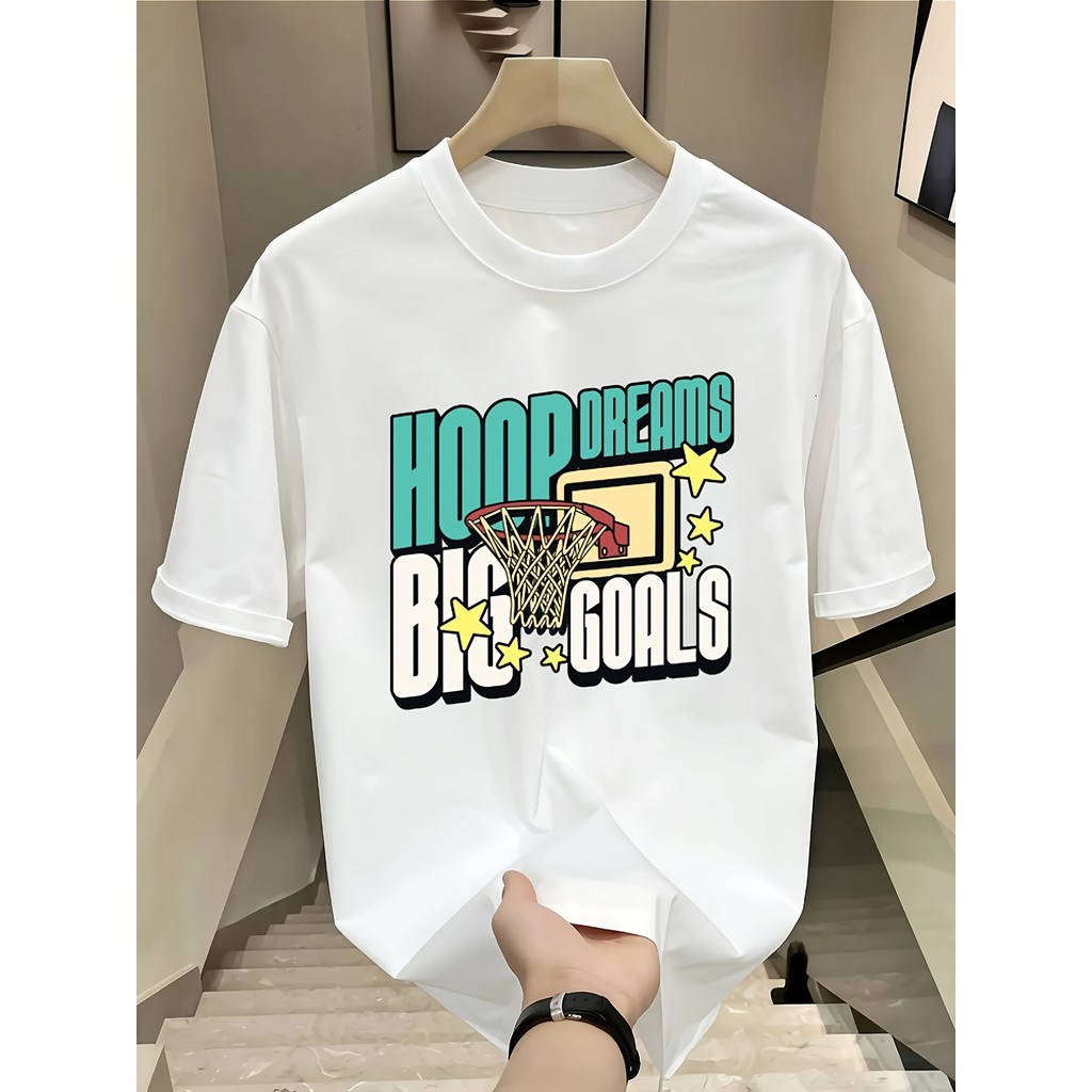 Men's "Hoop Dreams Big Goals" Graphic T-Shirt-White Cotton Crew Neck ...