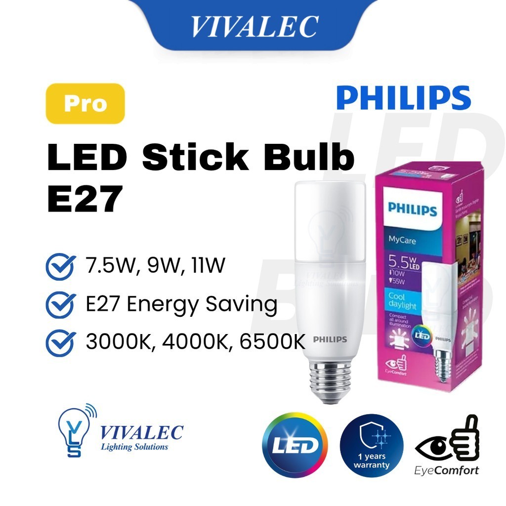 Philip LED Stick e27 Base 7.5w/ 9w/ 11w, 3000K/ 4000K/ 6500K ( 2years ...