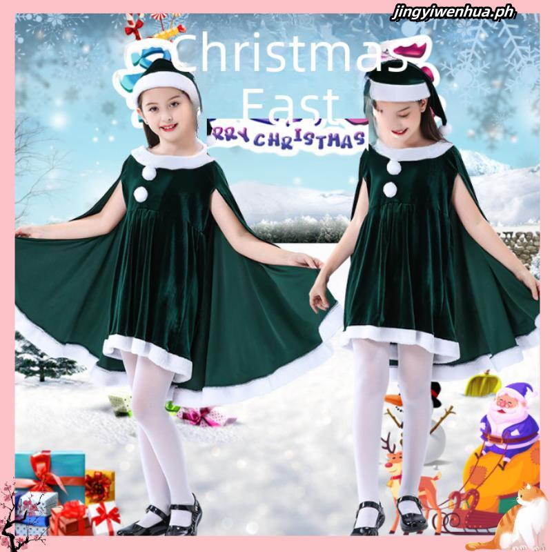 2024 NEW Kid Girls Christmas Costume Green Red Santa Claus Cloak Dress ...