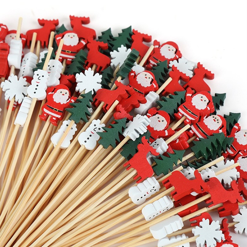 100Pcs Christmas Disposable Bamboo Skewers Santa Xmax Tree Fruit Fork ...