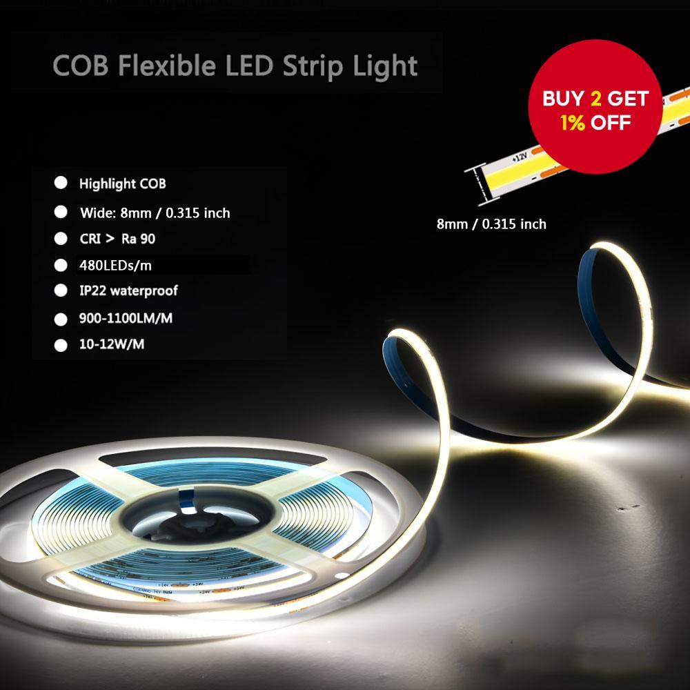 High-Density COB LED Strip - 5V/12V/24V 320 LEDs/m Flexible Tape Light ...