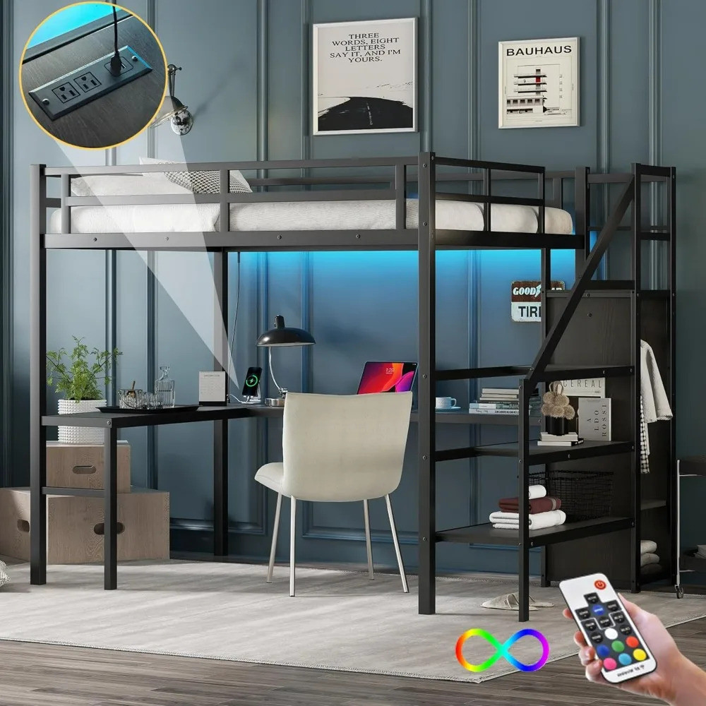 Full Size Loft Bed With Desk And Wardrobe, Storage Stairs, Led Lights ...