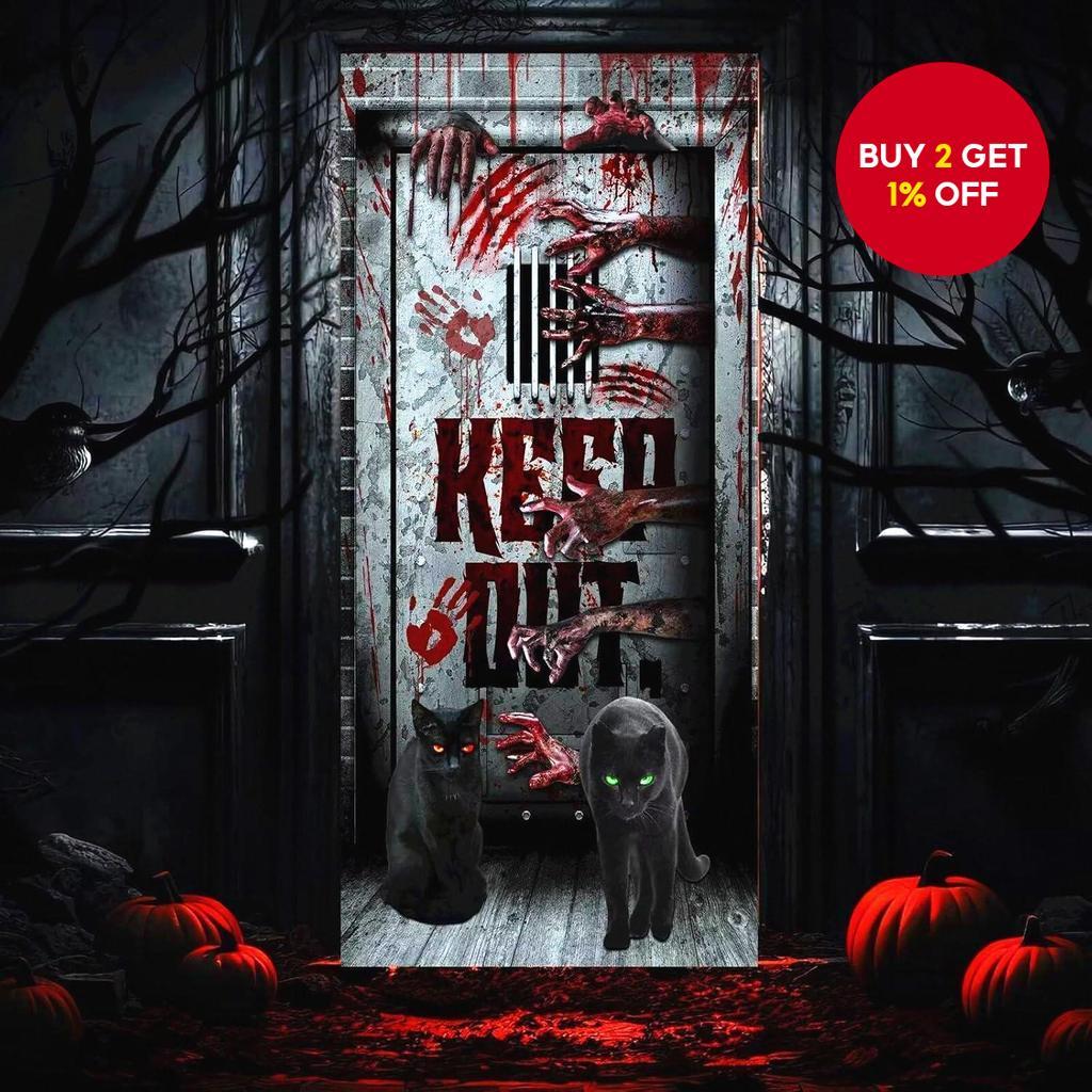 Scary Handprint & Cat Halloween Door Banner - Spooky Front Door Cover ...