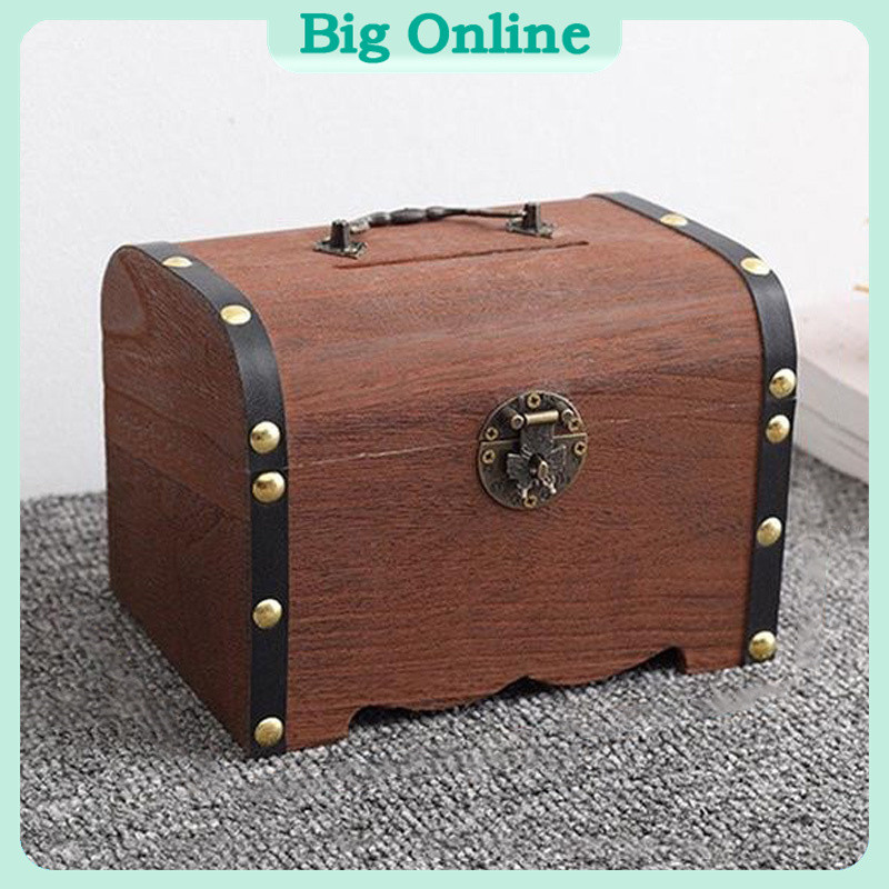 Treasure Storage Box Case Cash Coin Saving With Lock Wooden Treasure ...