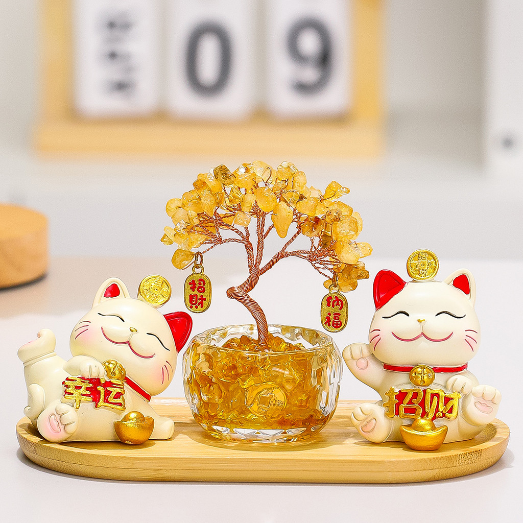 Lucky Cat Yellow Crystal Money Tree Purple Crystal Tree Desktop Decor ...