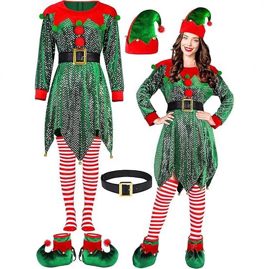 Christmas Women's Elf Role-Play Costume Set Velvet Dress with Sequins ...