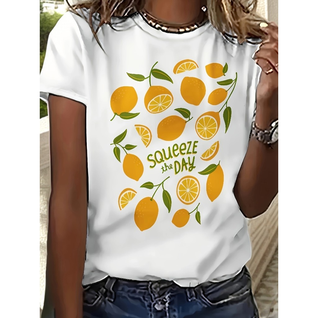 Lemon Print Crew Neck T-shirt,Casual Short Sleeve Top For Spring&Summer ...