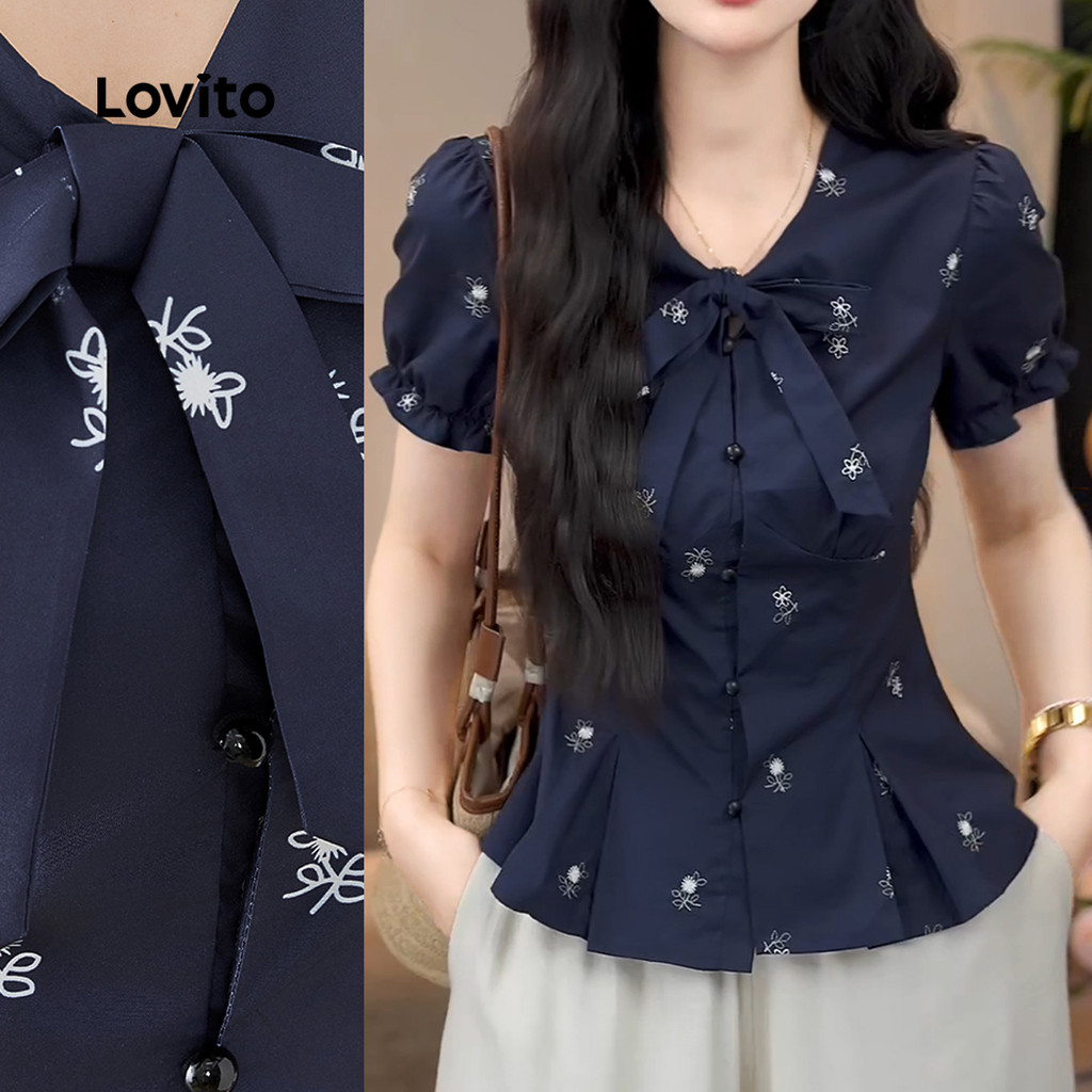 Lovito Elegant Christmas Holiday Blouse Button Front Pleated Bow Spring ...