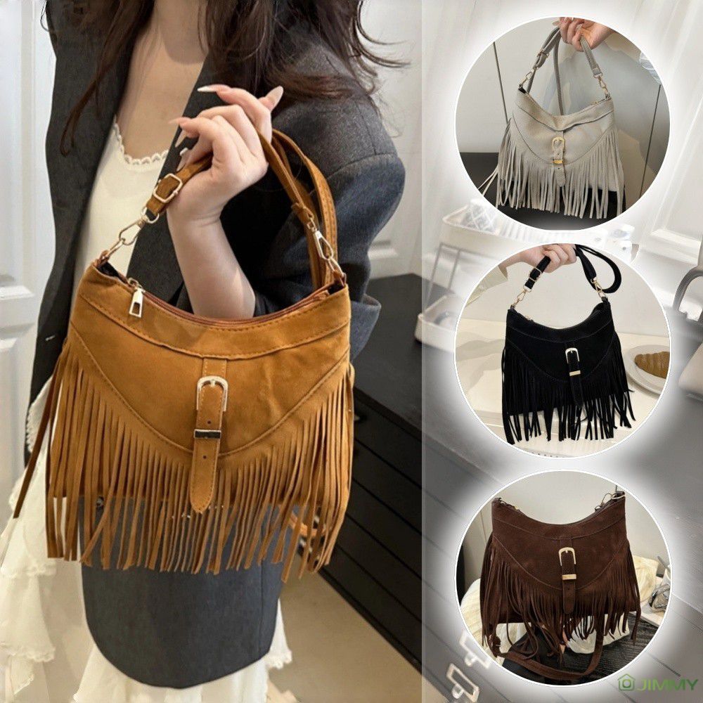 Casual Korean Style Tassel Shoulder Bag Solid Color Pu Leather Suede ...