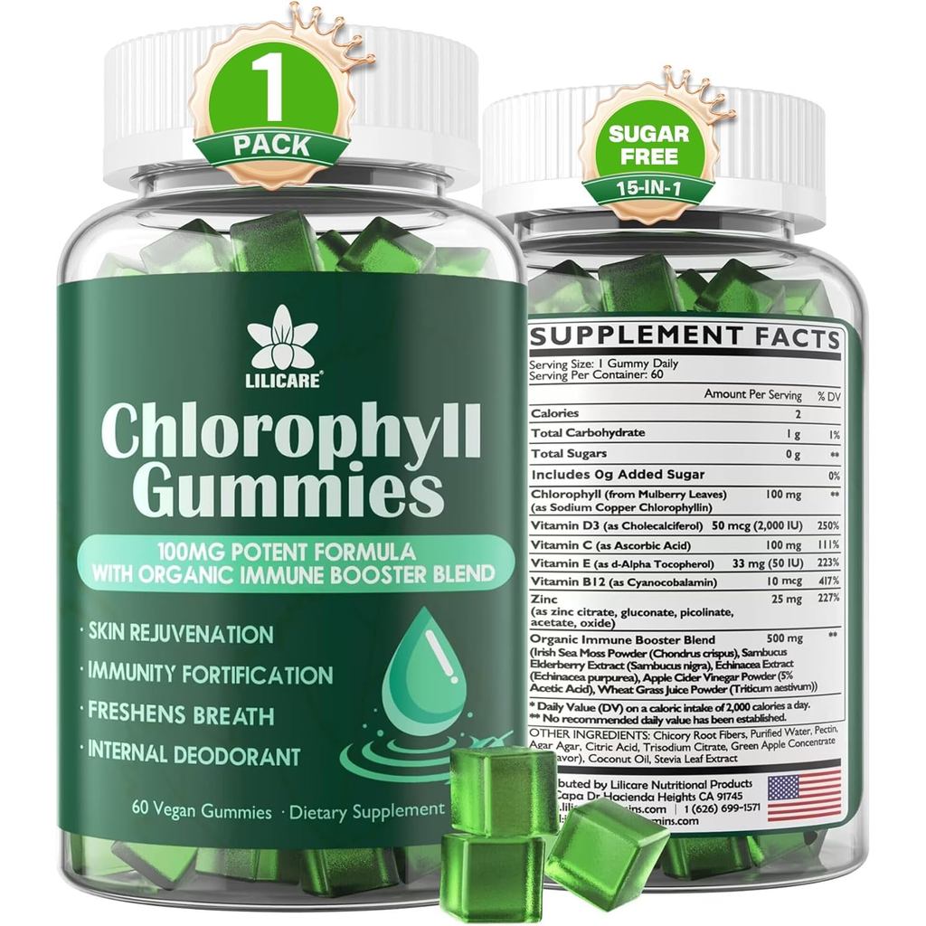 Chlorophyll Gummies - Super Green，Contains Wheatgrass、Seaweed、Apple ...