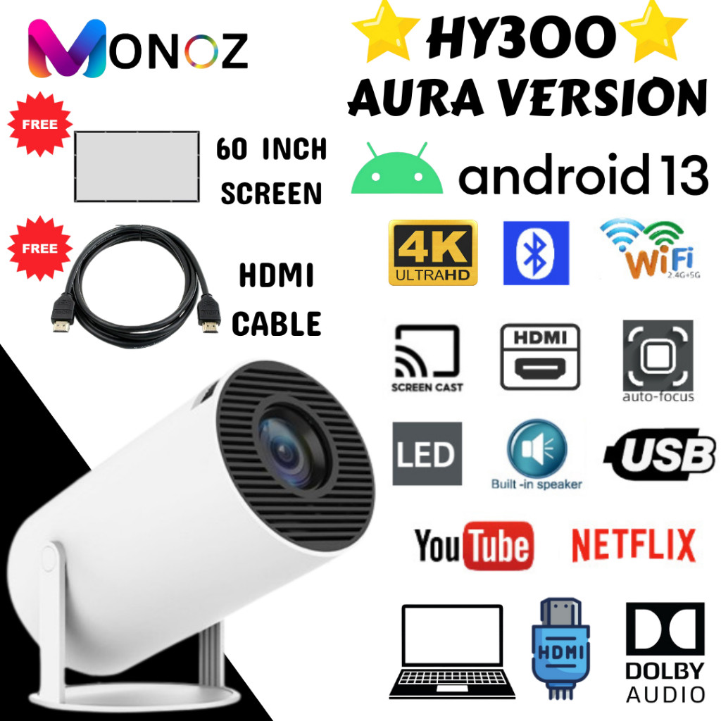 HY300 Pro 4K Projector – Android 13, 8000 Lumens, Dual WiFi, HDMI ...