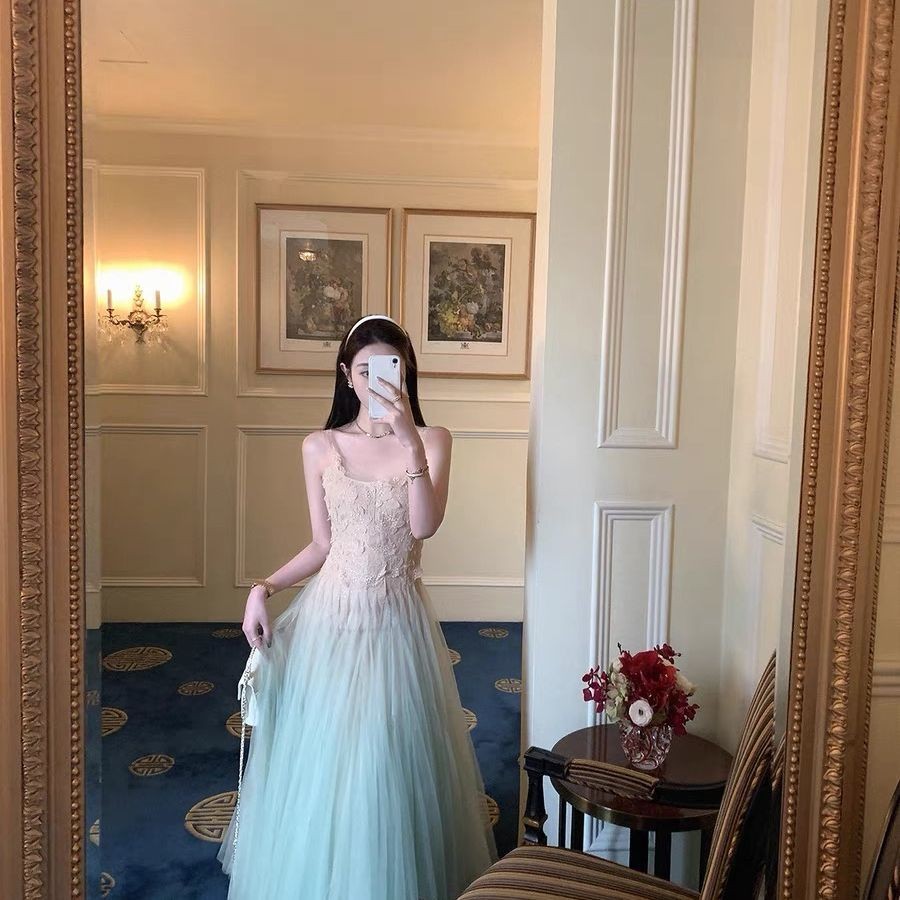 T Classy Princess Mint Green Net Dress Lace Vacation Fairy Sling Dress ...