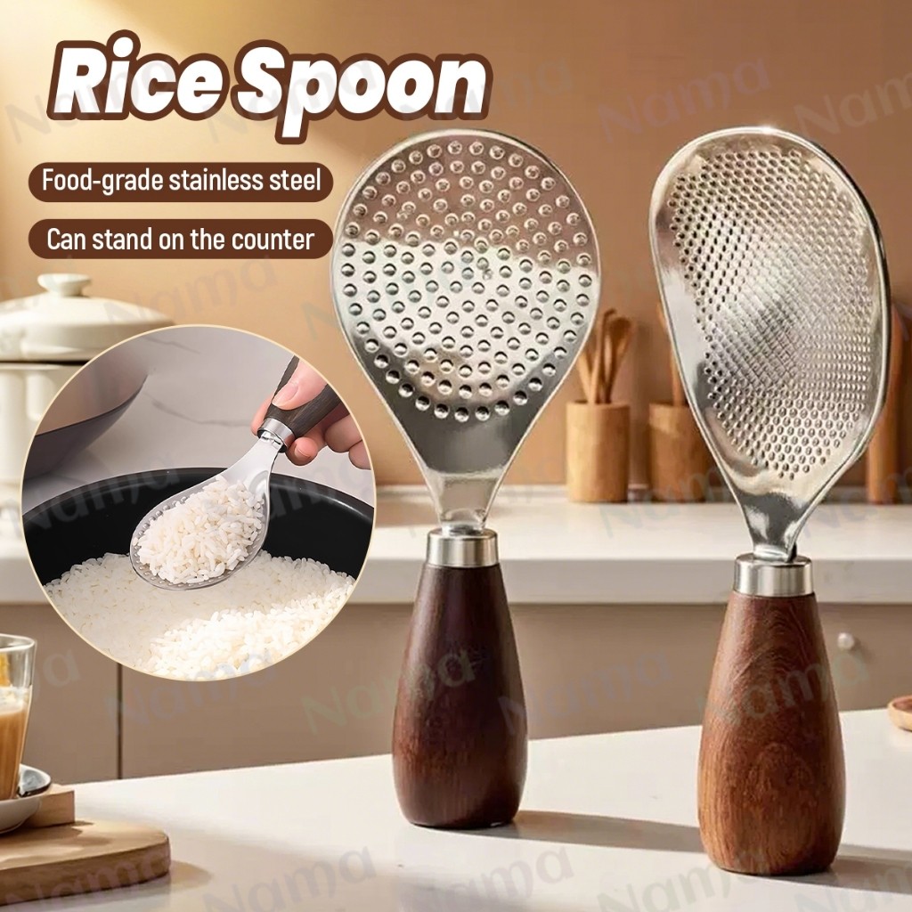 Nama Non-stick Rice Spoon Stainless Steel Comfortable Wooden Handle Big ...