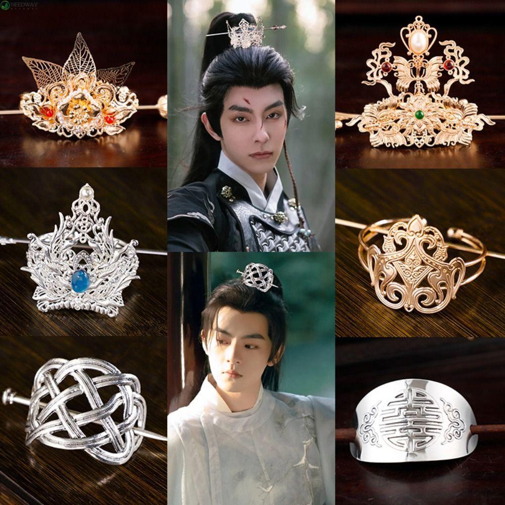 NEEDWAY Chinese Hanfu Hair Crown, Headpiece Coloured Glaze Ponytail Bun ...