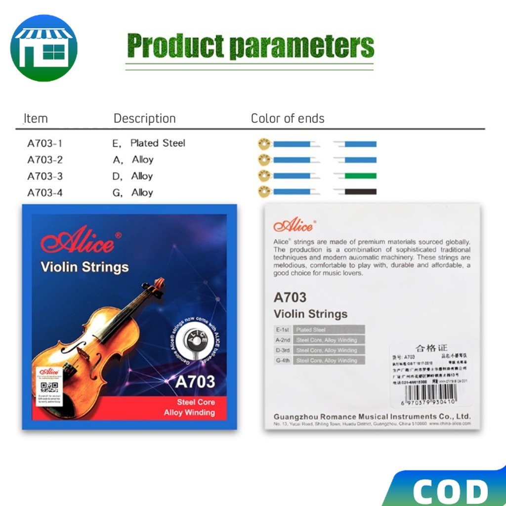 Premium Alice Violin String Set A703 With Nickel Winding Suitable For ...