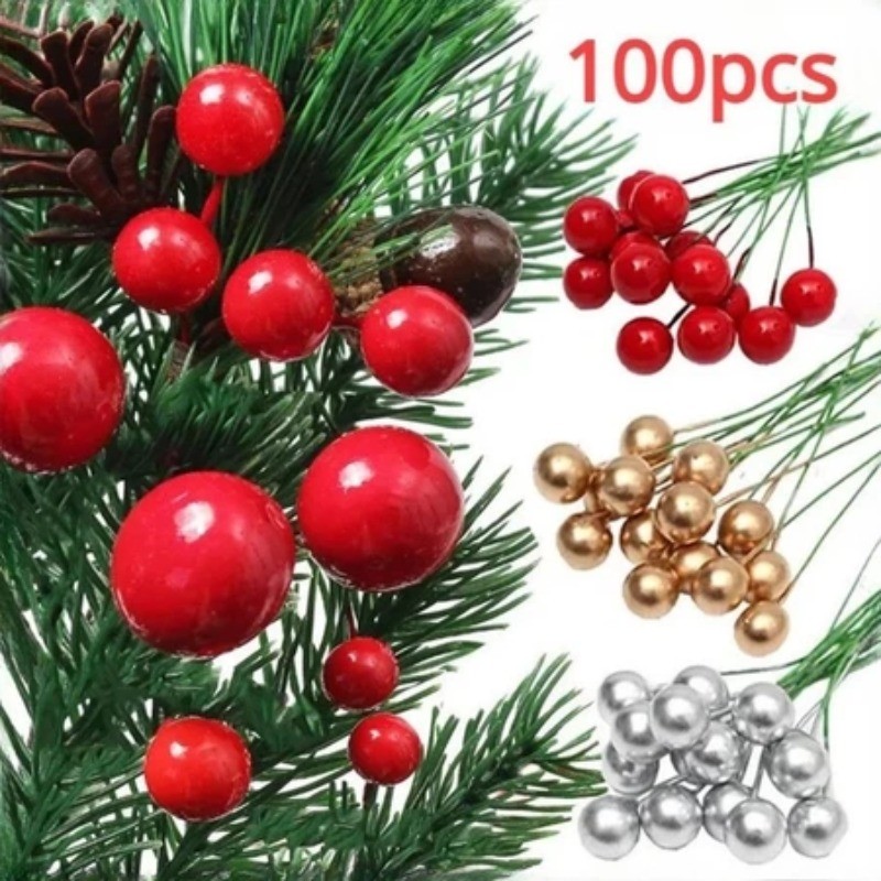 100Pcs Christmas Decor Artificial Red Holly Berry Ornament DIY ...