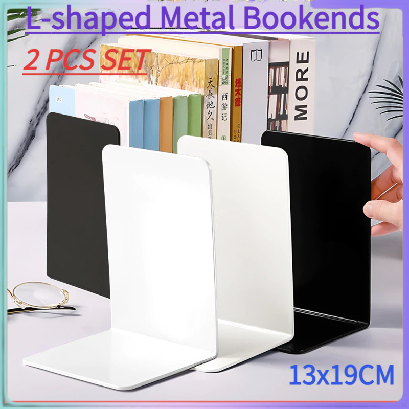 Metal L-Shape Bookends 2PCS Black White Heavy Duty Desktop Book Holder ...