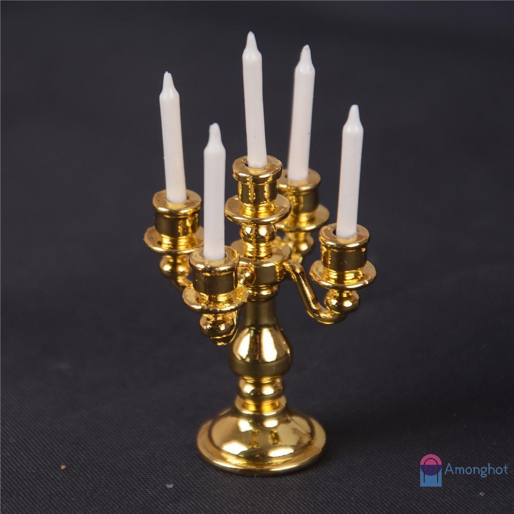 Amonghot> 1/12 Scale Miniature Gold Candelabra 5 White Candles ...