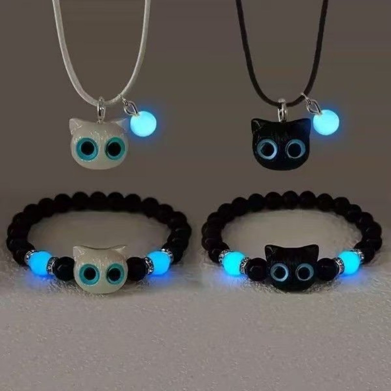 Luminous Cat Beaded Stretch Couple Bracelet Set Holiday Gift Men Women ...