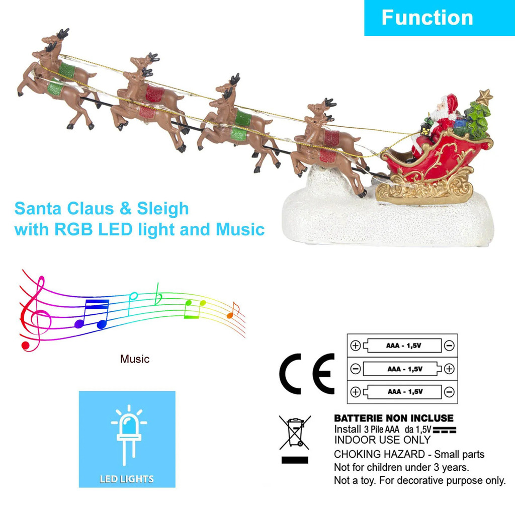 Christmas Santa Claus Sleigh and Reindeer Figurine LED Light Up Santa ...