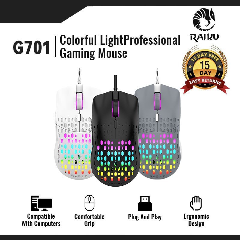 Raiku G701 Wired Gaming Mouse - RGB LED Illumination, Honeycomb Shell Design, 4 Adjustable DPI ...