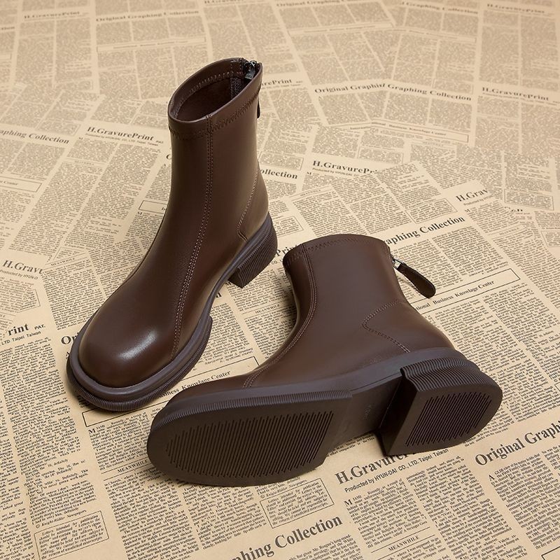 Genuine Leather Short Boots - Autumn/Winter British Style Brown Ankle ...