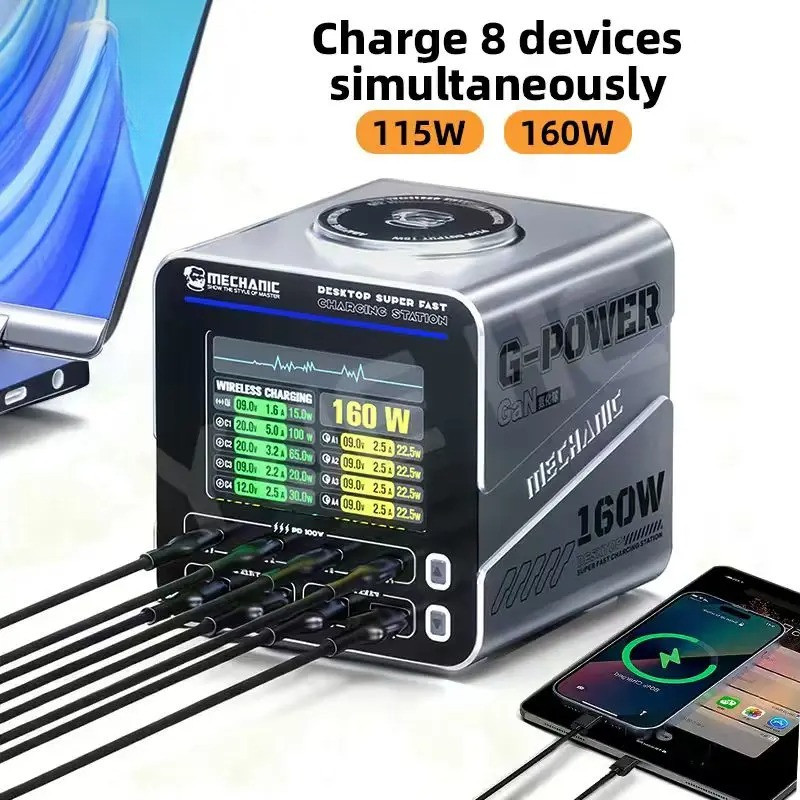 MECHANIC 115W/160W G-POWER GaN 8-Port Desktop Charging Station with 15W ...