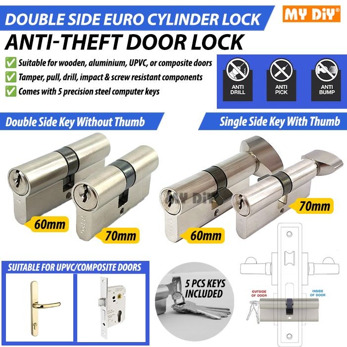 YEROY 60MM 70MM Euro Profile Cylinder Lock Thumb Turn / Single Or ...