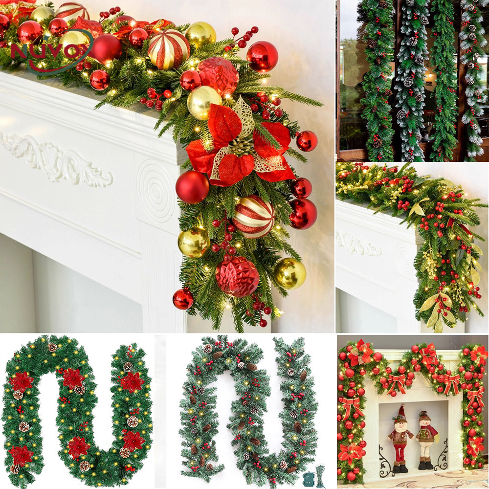 6/9FT Christmas Garland Decorations for Home With Berries Flower Lights ...