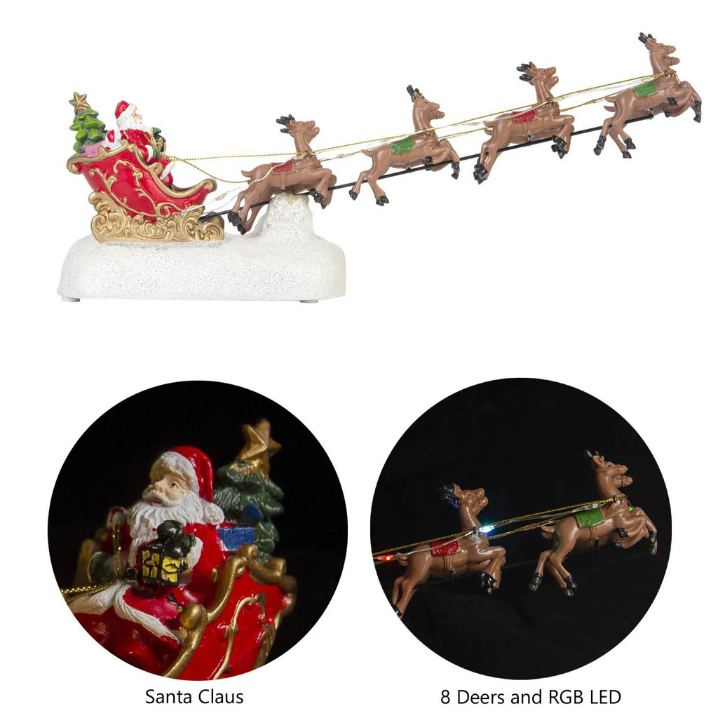 Christmas Santa Claus Sleigh and Reindeer Figurine LED Light Up Santa ...