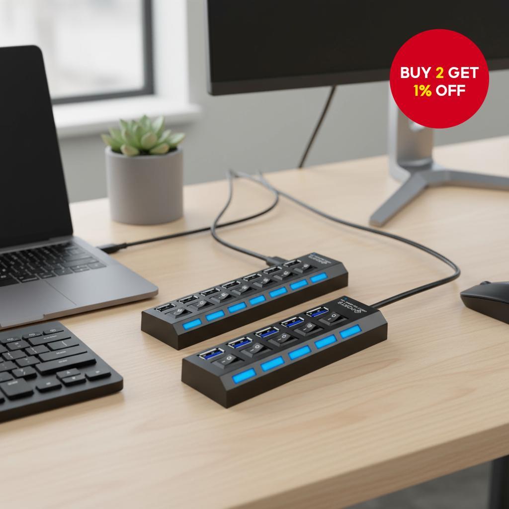 USB Port Hub 7 Ports 2.0 Multi Interface with Independent Switches and ...